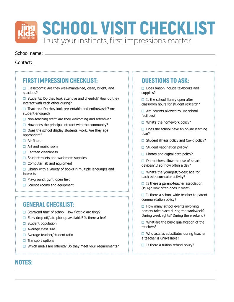 Save a Copy of the School Visit Checklist | jingkids international ...